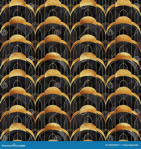 Art Deco With Multiple Golden Arc Line Overlap Cirlce Pattern In