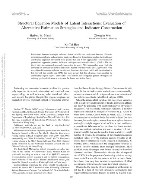 Structural Equation Models Of Latent Interactions Evaluation Of