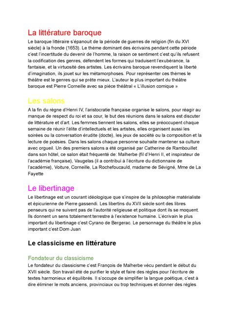 Le Xvii Siècle Avec Le Baroque Et Le Classicisme Appunti Di Francese