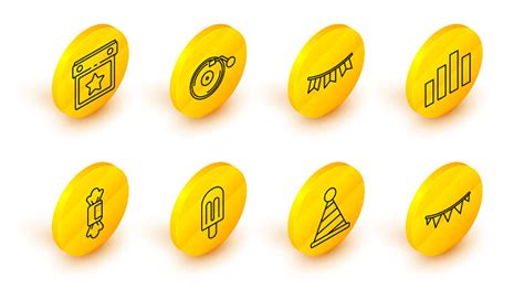 깃발 파티 모자 아이스크림 사탕 음악 이퀄라이저 비닐 플레이어 디스크 및 캘린더 파티 아이콘이 있는 라인 카니발 화환을 설정합니다 벡터 3차원 형태에 대한 스톡 벡터 아트