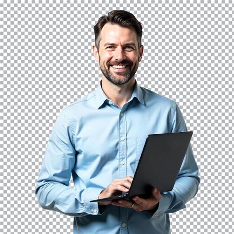 Premium Psd Portrait Of Businessman Standing Holding Laptop And